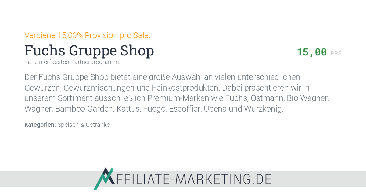 Fuchs Gruppe Shop Partnerprogramm: 15,00% Provision pro Sale verdienen