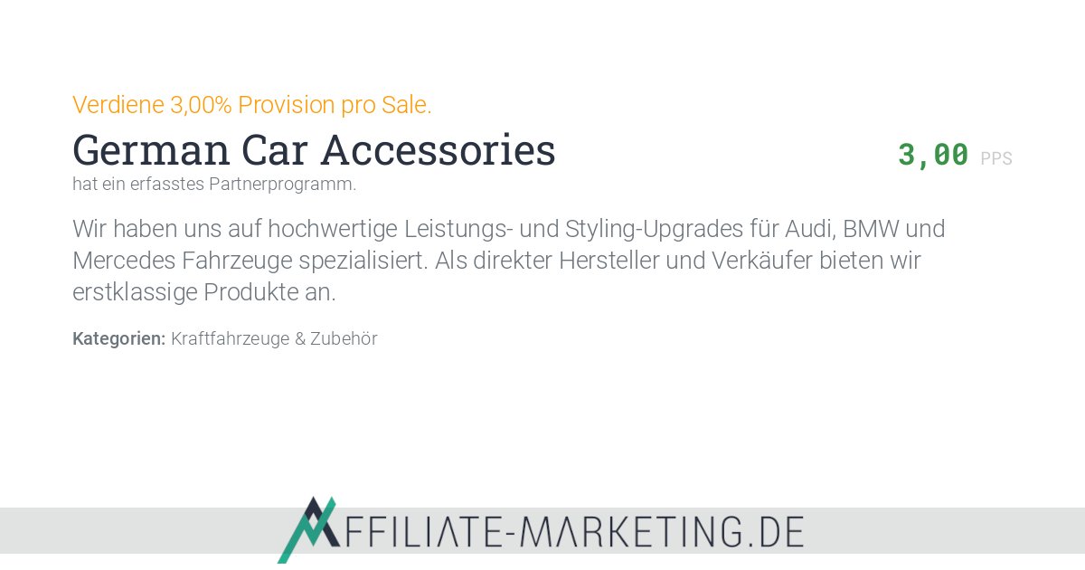 German Car Accessories Partnerprogramm: 3,00% Provision pro Sale verdienen