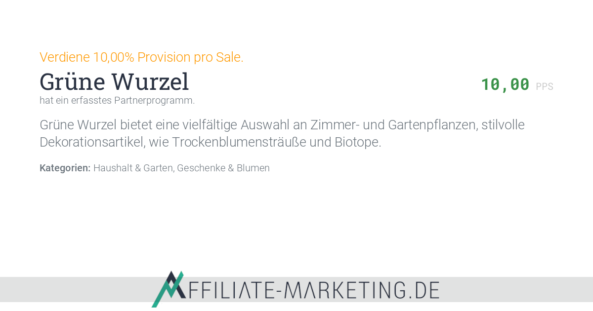 Grüne Wurzel Partnerprogramm: bis zu 13,00% Provision pro Sale verdienen